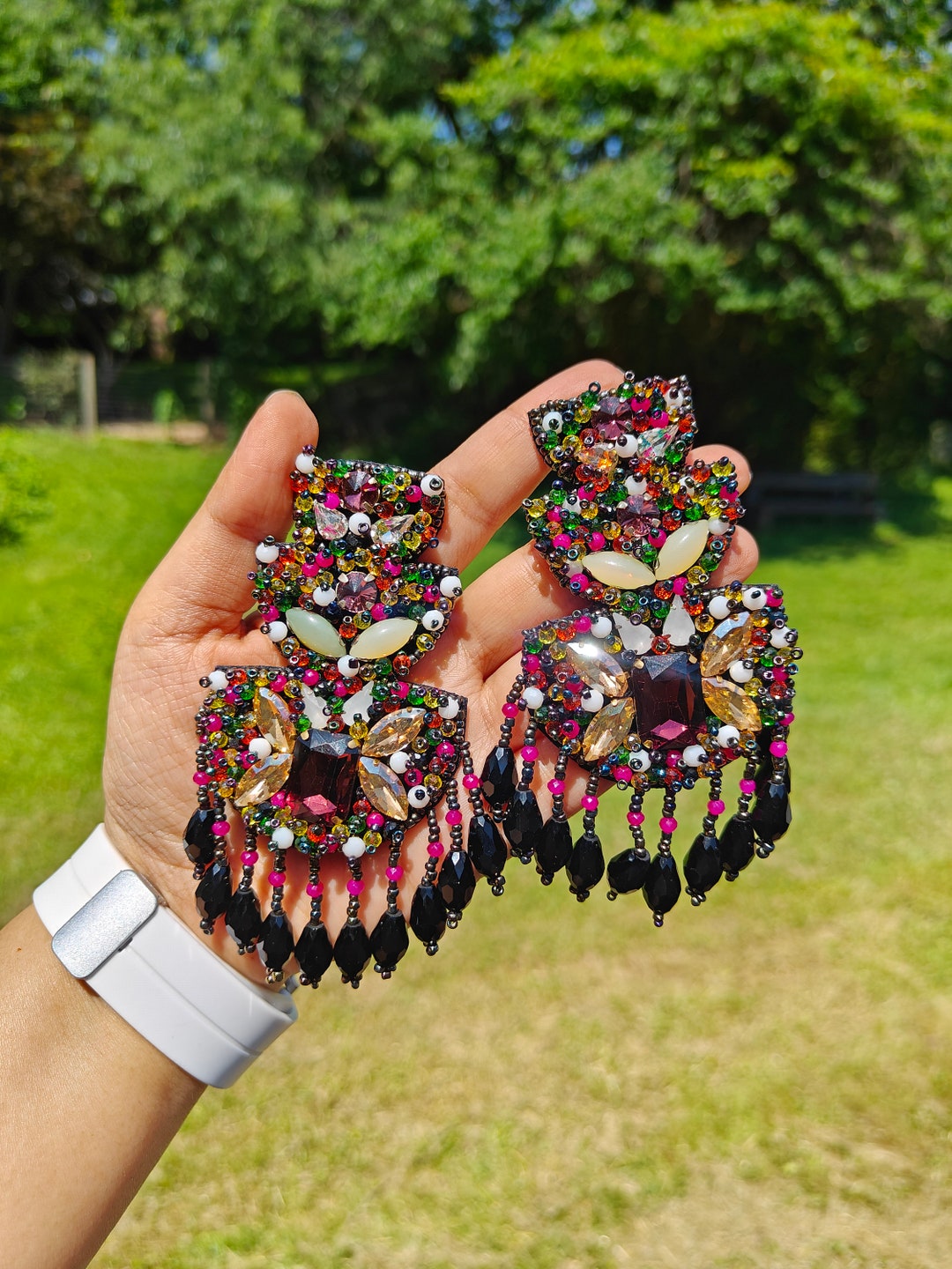 Black Beaded Earrings, Black Boho Dangle Drop, Indian Beaded Earrings ...