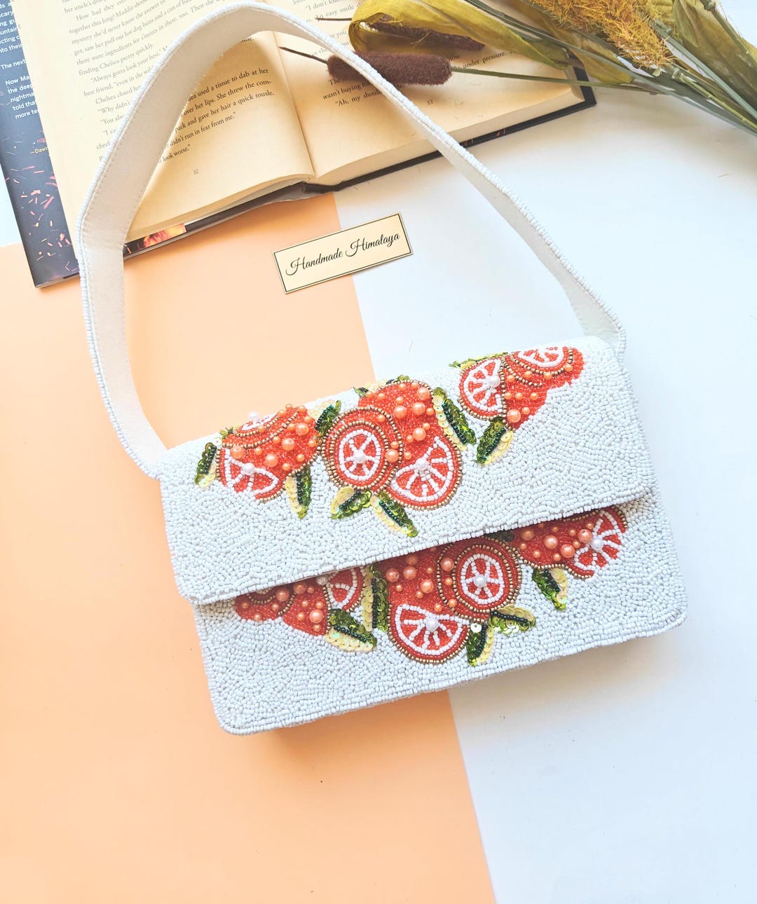 Orange Shoulder Bag, White Beaded Bag, Citrus Fruit Beaded Clutch ...