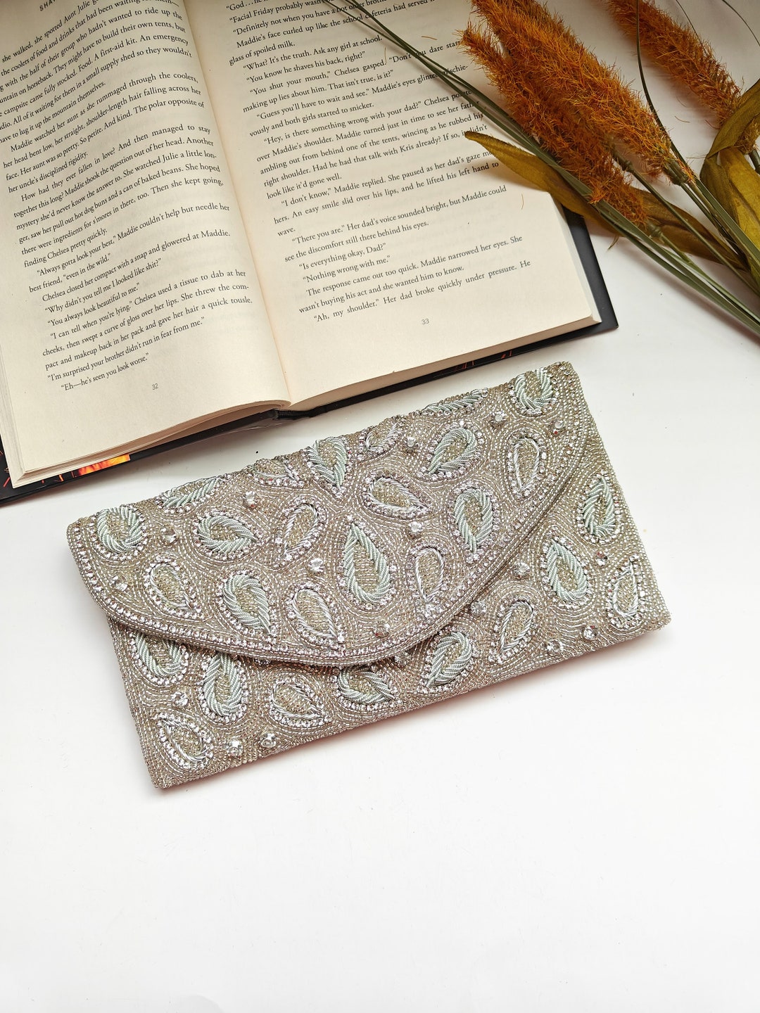 Silver Beaded Clutch, Silver Party Purse, Beaded Clutch Purse, Beaded ...