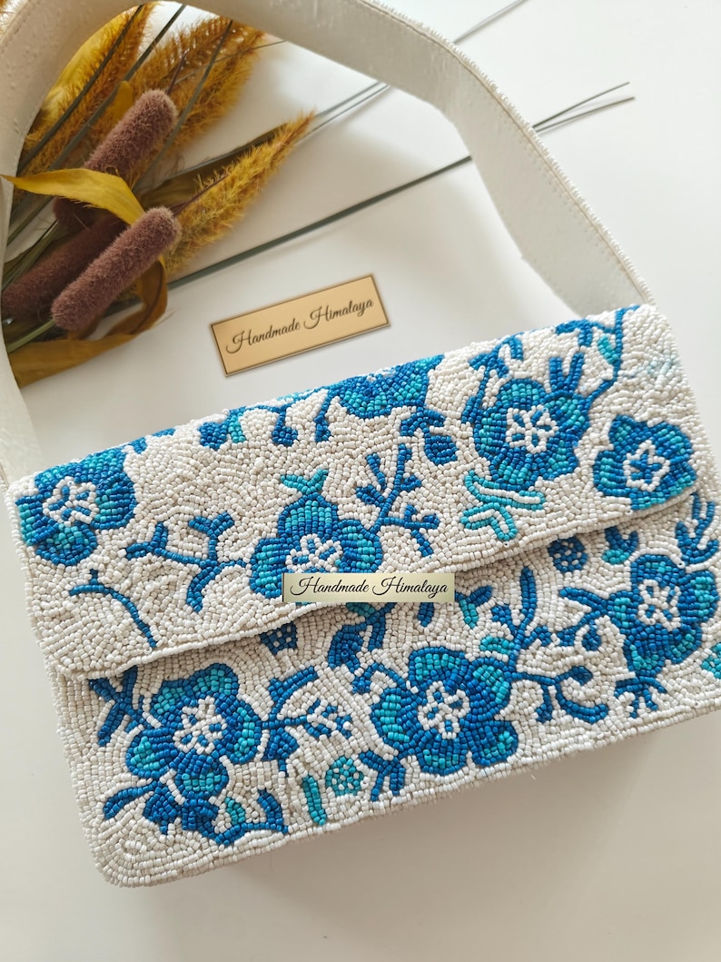 Blue Floral Beaded Bridal Bag | White Wedding Evening Purse - Etsy