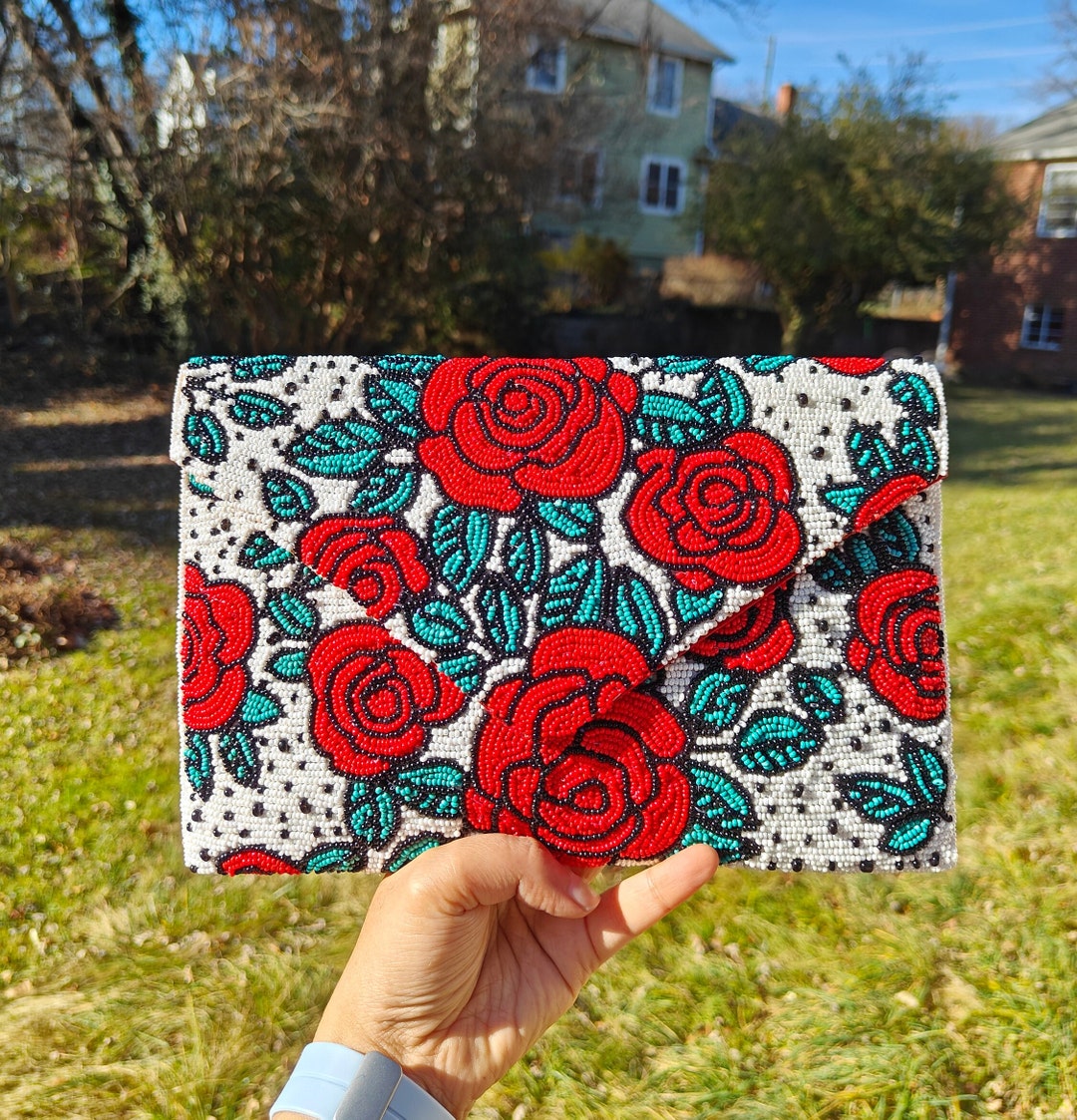 Floral Beaded Purse, Red Rose Beaded Purse, Beaded Clutch Purse, Beaded ...