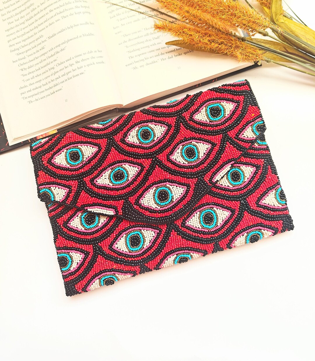 Evil Eye Red Beaded Purse, Beaded Clutch Bag, Red Black Clutch Purse ...