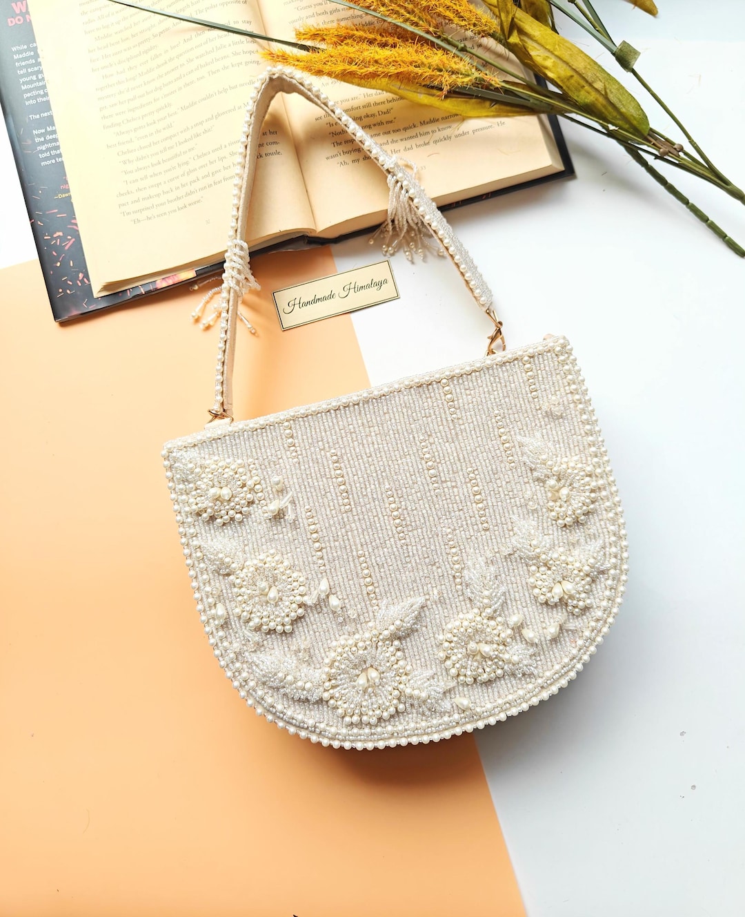 Floral Beaded Bag, Ivory Bridal Bag, Beaded Purse, Shoulder Bag ...