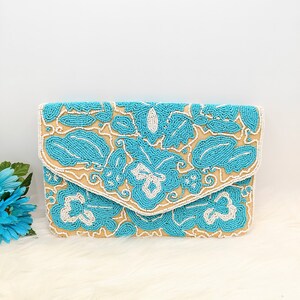 Blue Beaded Clutch, Beaded Purse Crossbody, Seedbead Biege Purse, Blue ...