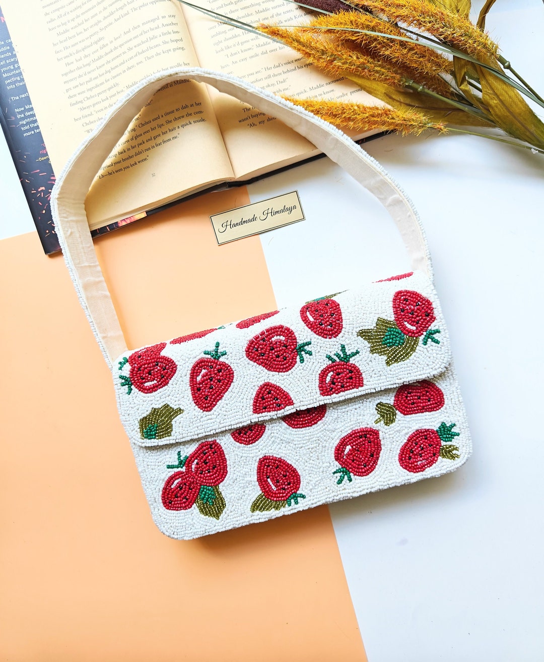 Strawberry Beaded Shoulder Bag, White Beaded Bag, Beaded Purse, Fruit ...