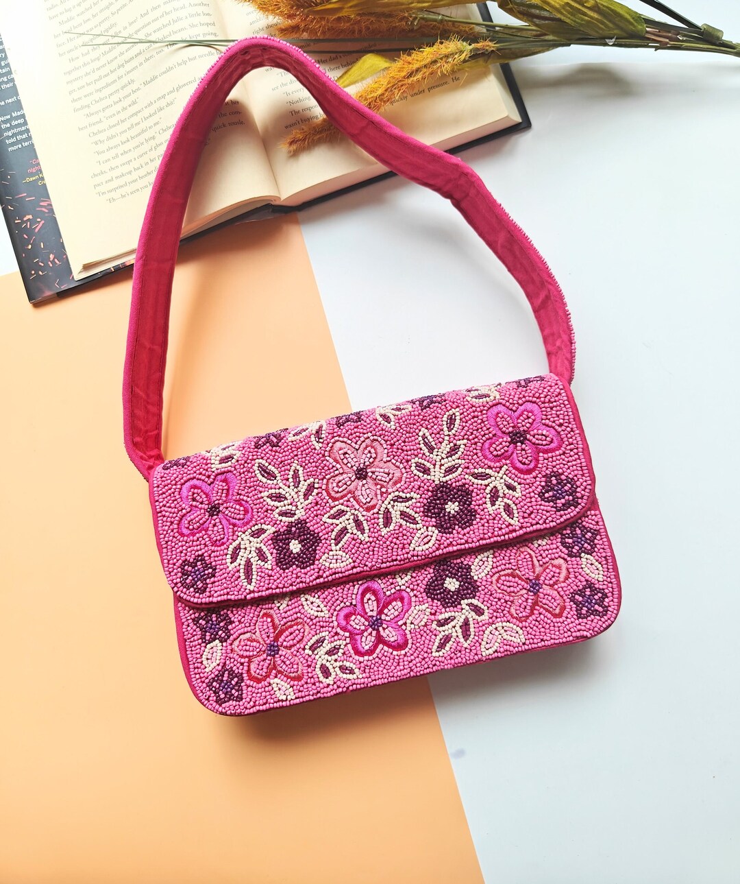 Pink Floral Beaded Bag, Beaded Shoulder Bag, Beaded Clutch Purse ...