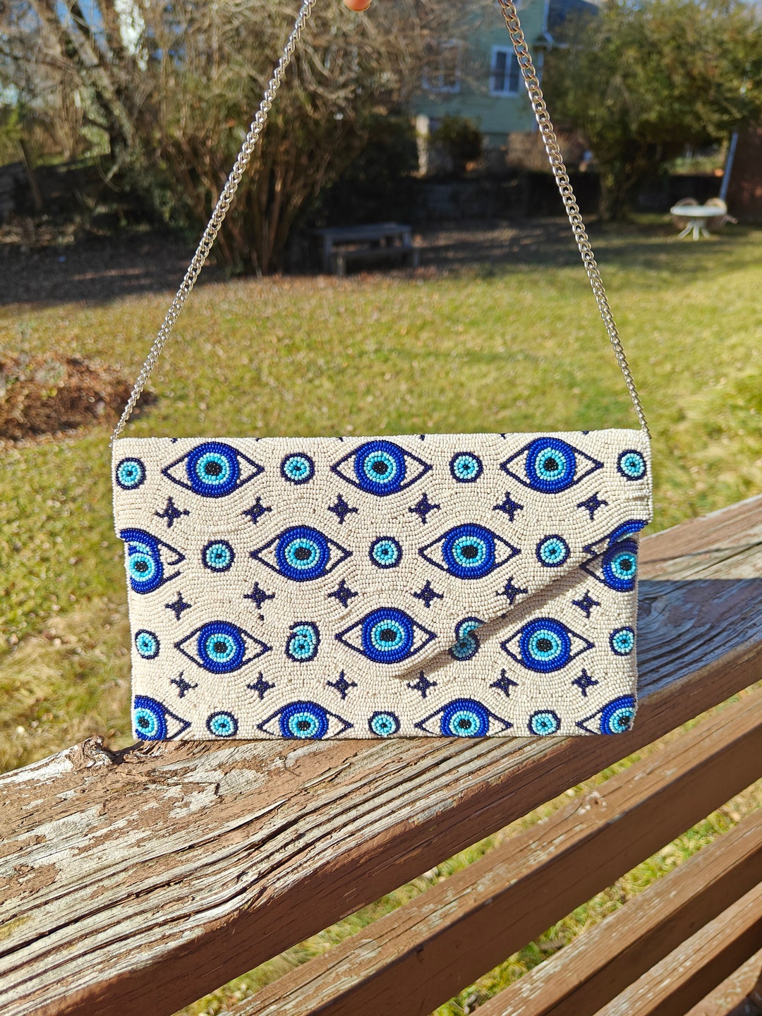 Double Side Beaded, Blue Evil Eye Beaded Clutch, Blue Beaded Purse ...