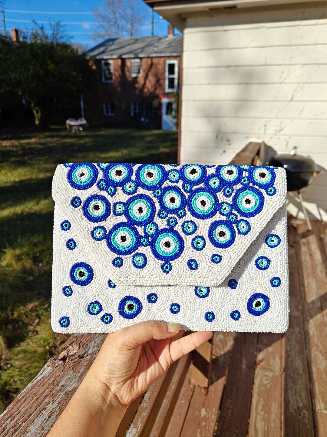 Blue Evil Eye Beaded Clutch, Blue Beaded Purse, Evil Eye Clutch Purse ...