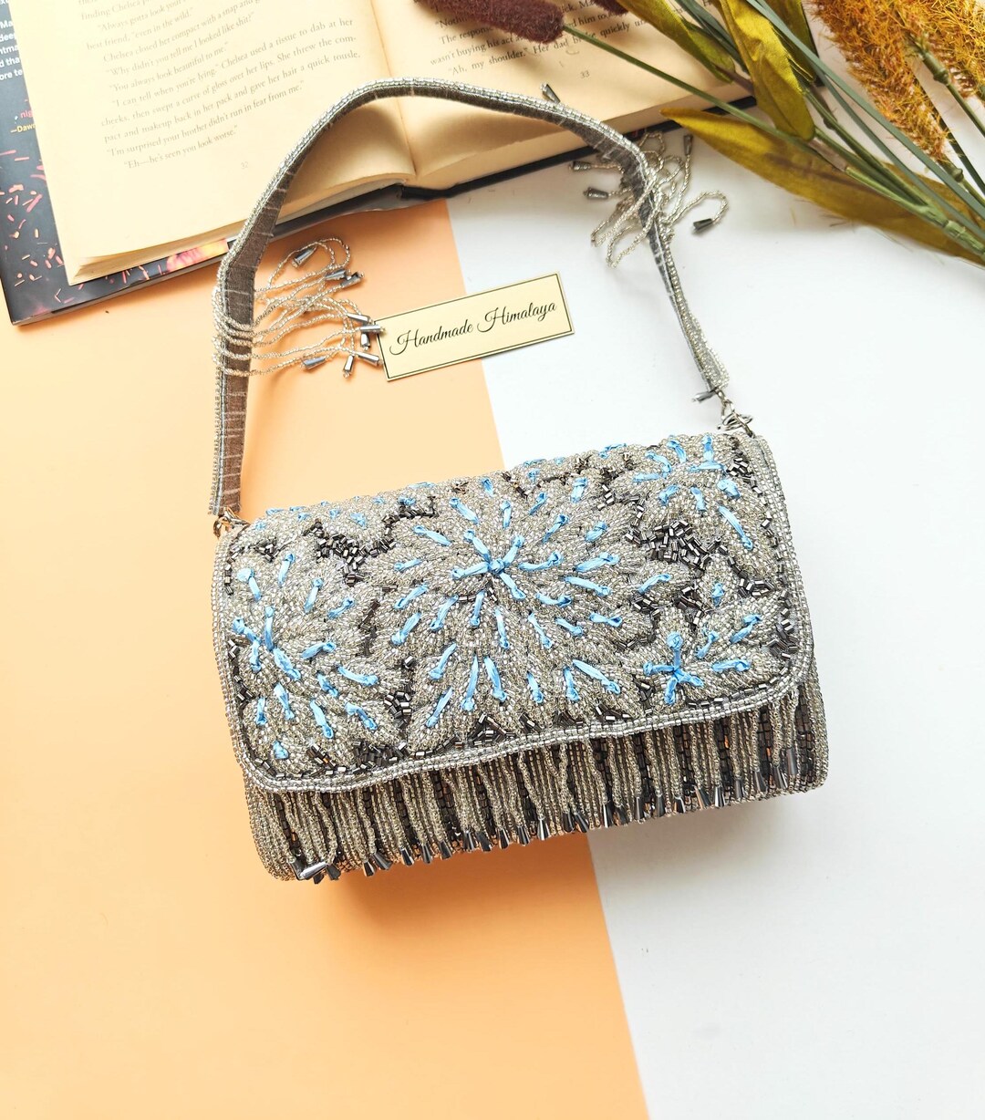 Silver Beaded Bag, Blue Silver Clutch, Beaded Purse, Shoulder Bag ...