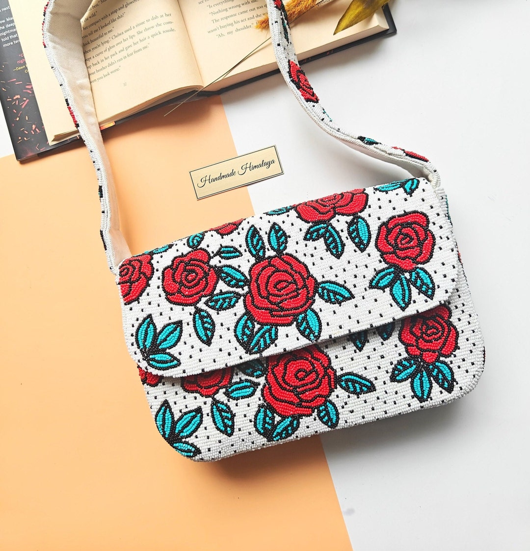 Red Rose Beaded Shoulder Bag, Floral Beaded Bag, Flower Beaded Handbag ...