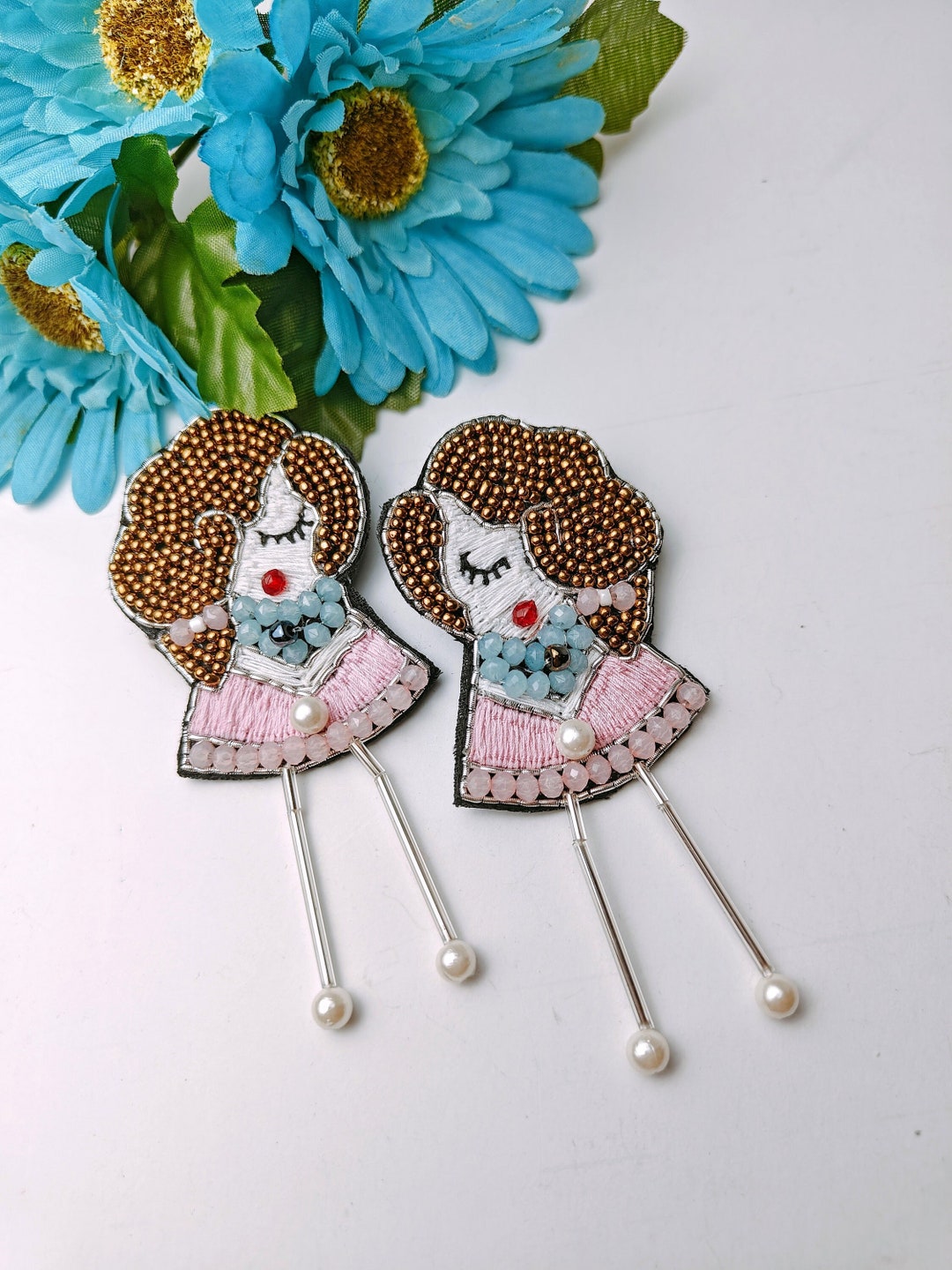 Beaded Earrings, Embroidered Earrings, Pink Statement Earrings ...