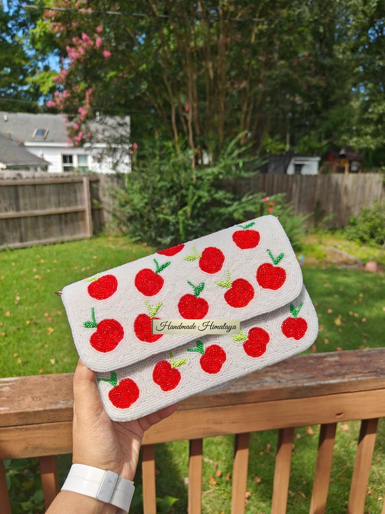 Beaded Red Apples Pattern Baguette Handbag Structured Artisan Shoulder ...
