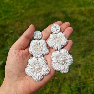 White Beaded Earrings, White Bridal Beaded Earrings, Boho Jewelry ...