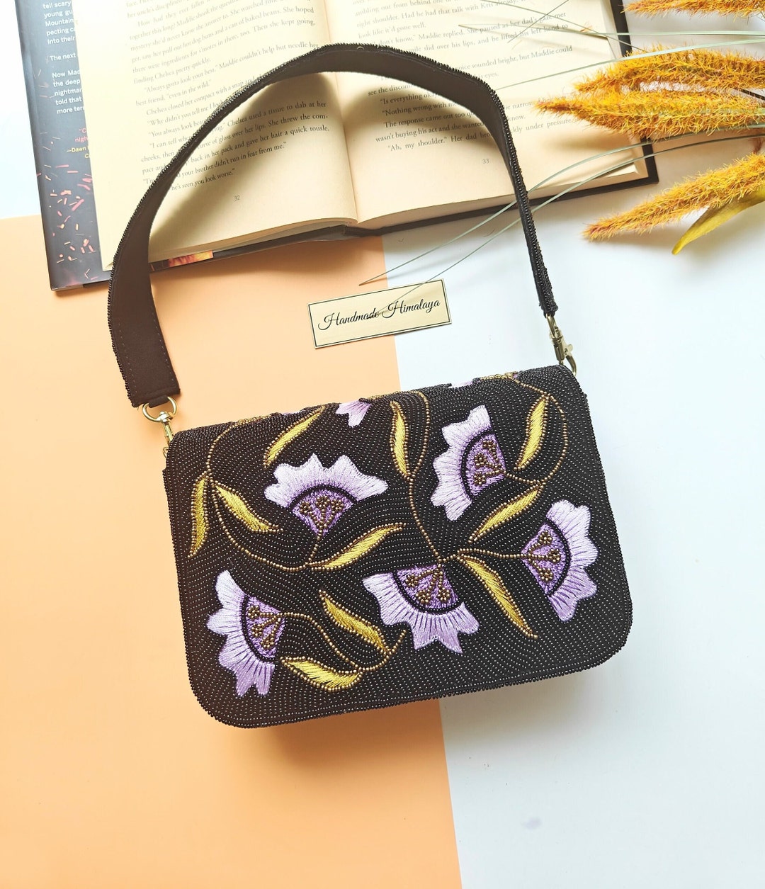 Black Clutch Bag, Purple Lilac Flower Shoulder Bag, Gift for Her, Party ...
