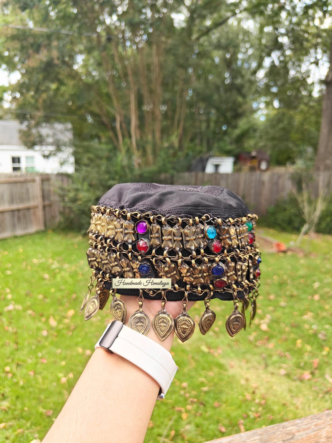 Vintage Afghan Kuchi Cap Jeweled Belly Dance Tribal Headpiece Hat Black ...