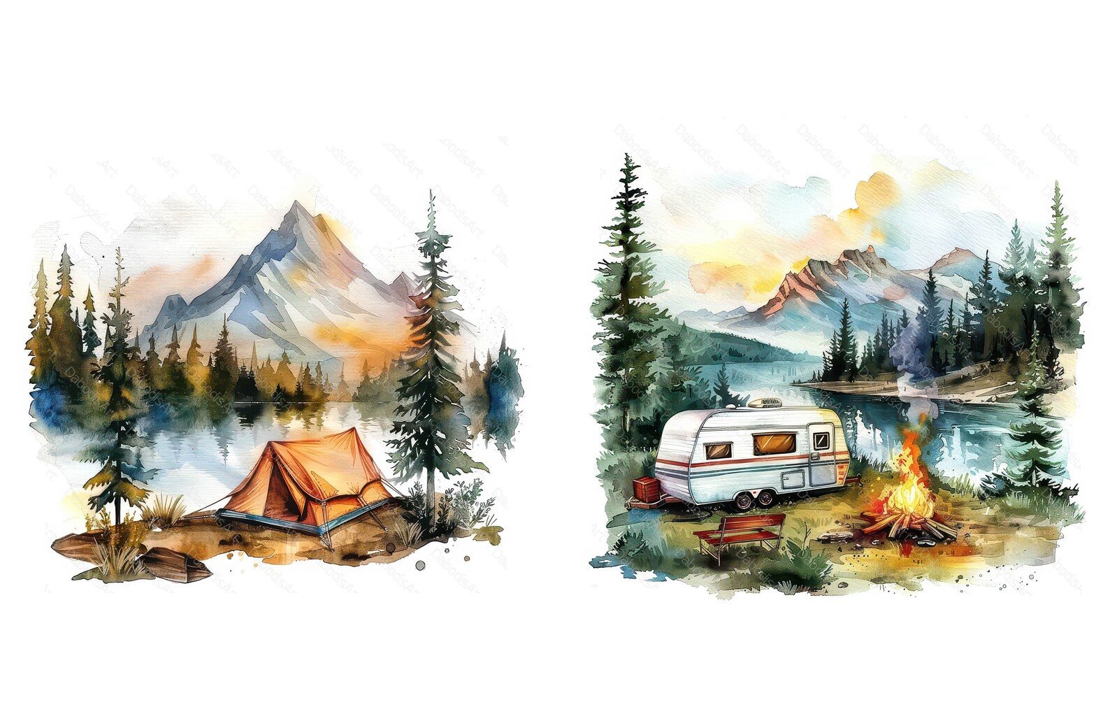 20 Watercolor Camping Trailers in Mountain Landscapes. Campfires at ...