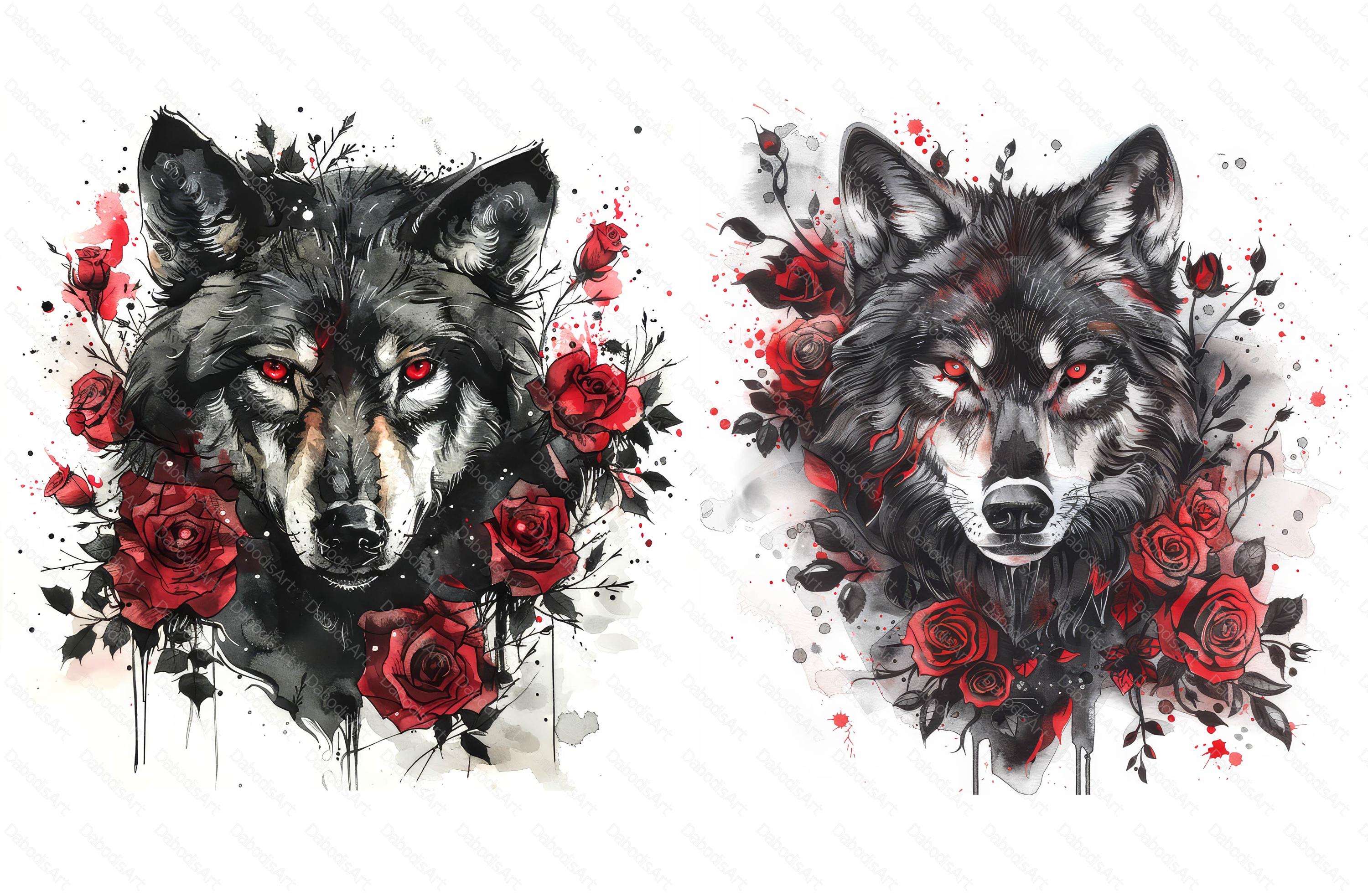 20 Watercolor Black Wolf Head With Red Roses. Gothic Wolf Design ...