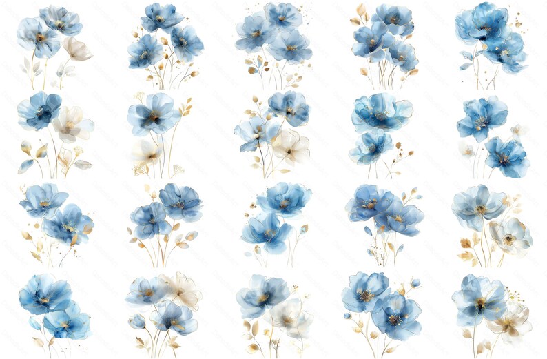 20 Abstract Blue Watercolor Flowers With Gold Glitter. Blue Gold Flower ...