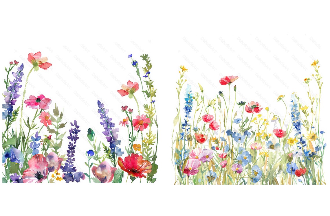 20 Watercolor Wildflowers Border. Set 4. Meadow Flowers and Grasses ...