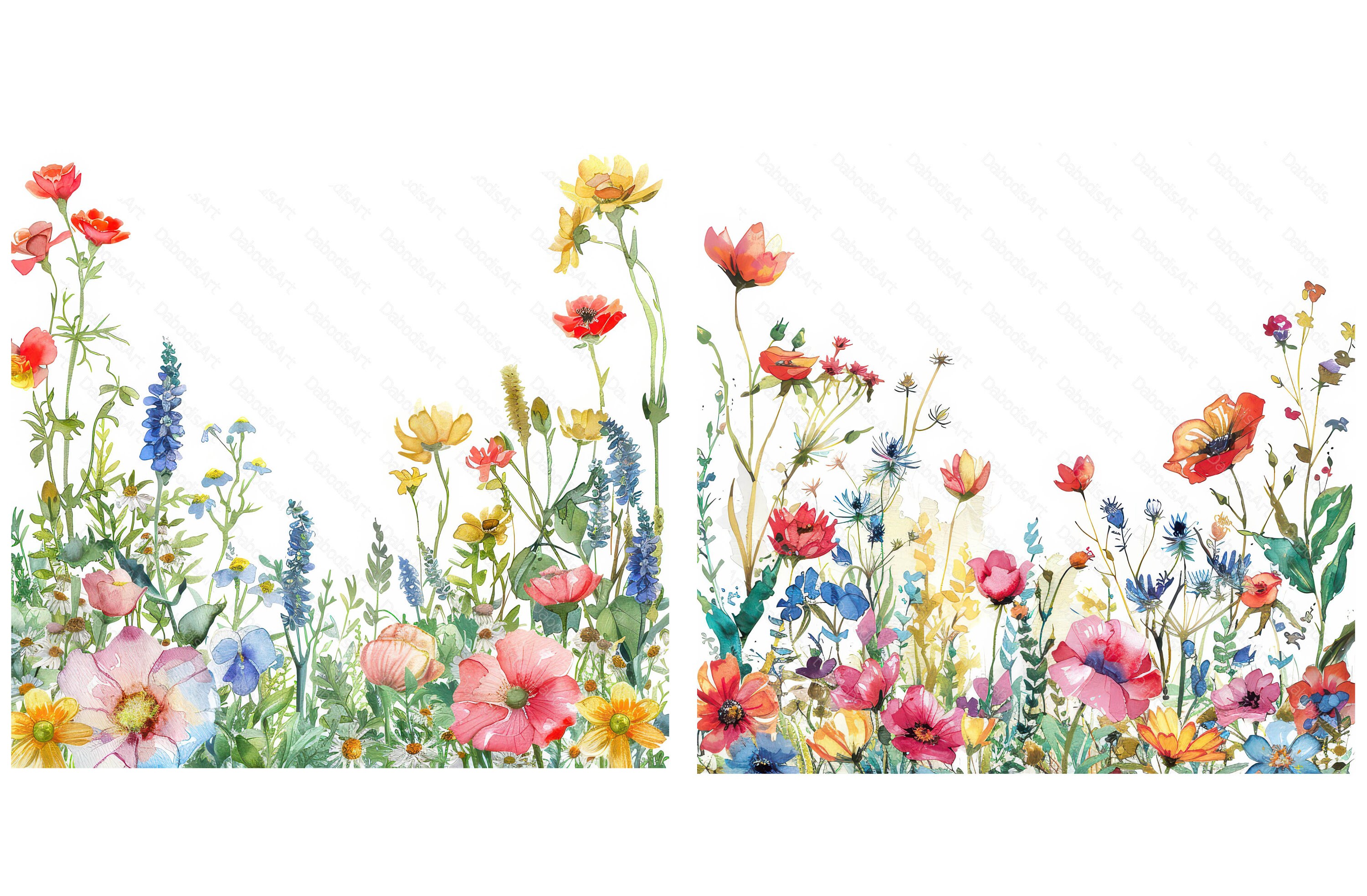 20 Watercolor Wildflowers Border. Set 4. Meadow Flowers and Grasses ...
