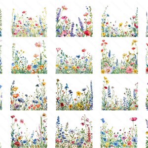 20 Watercolor Wildflowers Border. Set 4. Meadow Flowers and Grasses ...