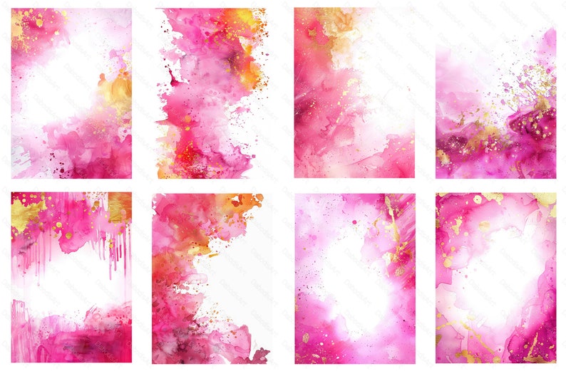 20 Pink Gold Watercolor Frames. Paint Splatter Background. Watercolor ...