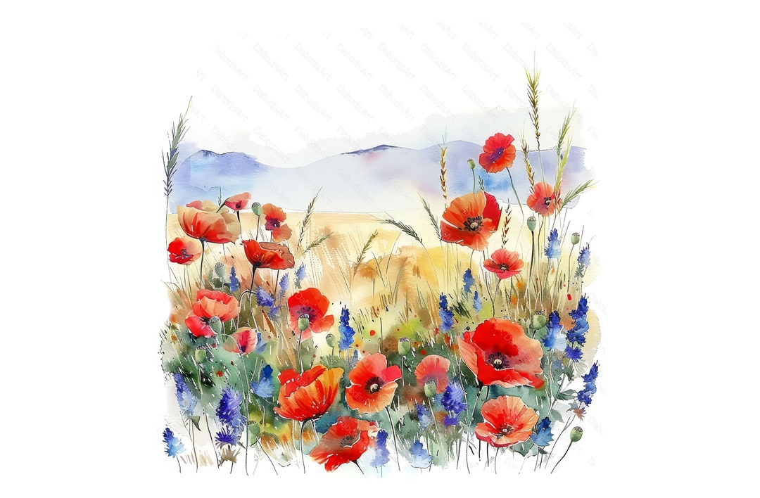20 Poppy Fields in Summer. Blooming Watercolor Poppies, Cornflowers ...