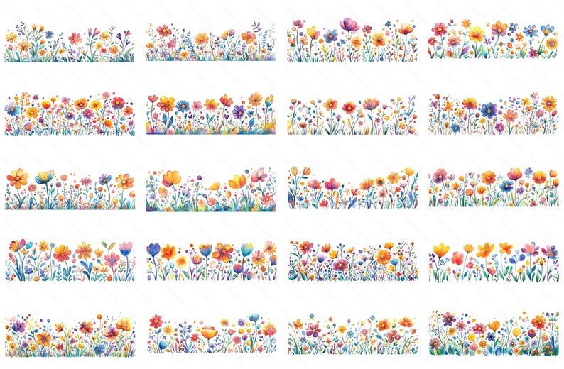 27 Whimsical Meadow Flower Borders. Quirky Watercolor Wildflowers. Set ...