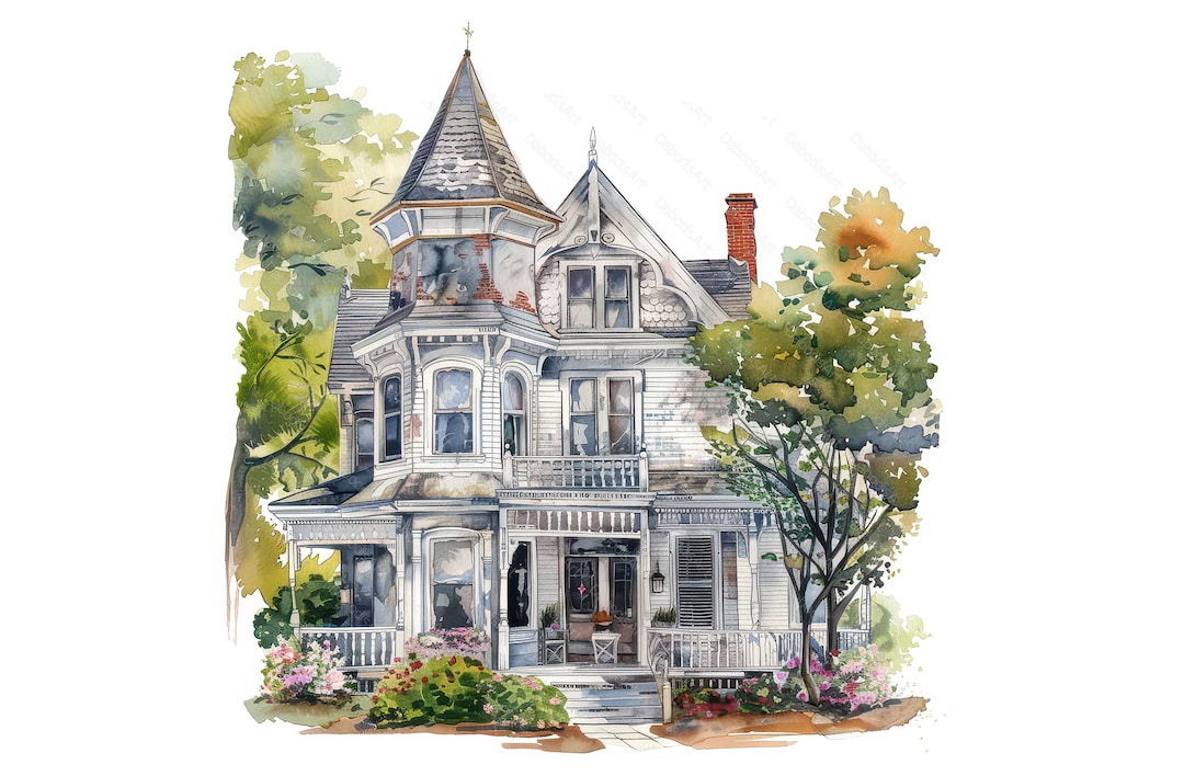 20 Watercolor Victorian Houses. Set 1. Antique Lake House. Trees ...