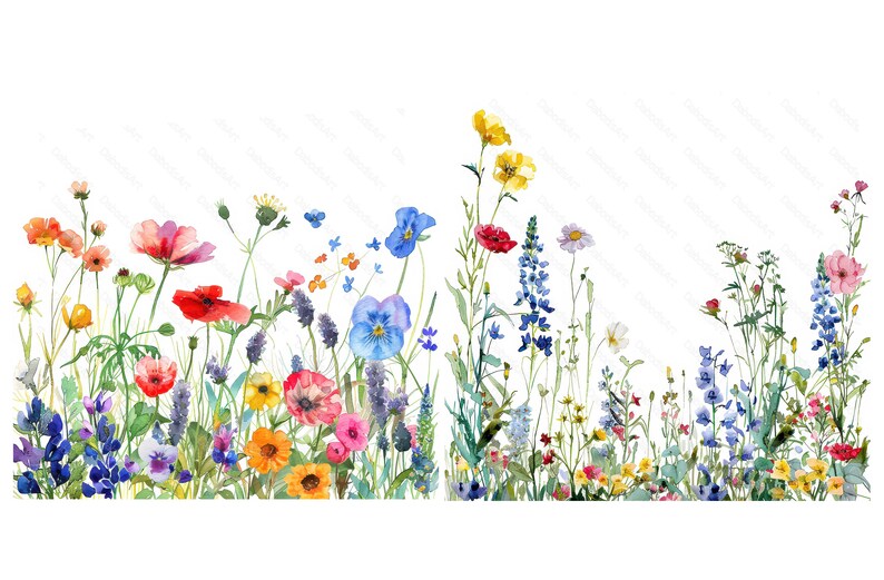 20 Watercolor Wildflowers Border. Set 4. Meadow Flowers and Grasses ...