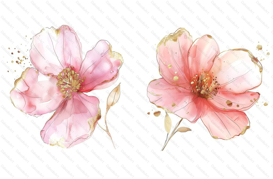 20 Abstract Pink Watercolor Flowers With Gold Glitter. Pink Gold Flower ...
