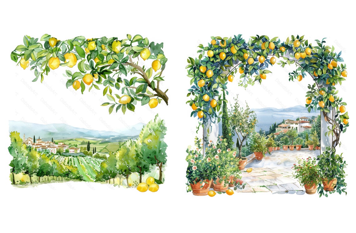 20 Watercolor Tuscany Lemon Tree. Summer Sea Italy Nature Landscape ...