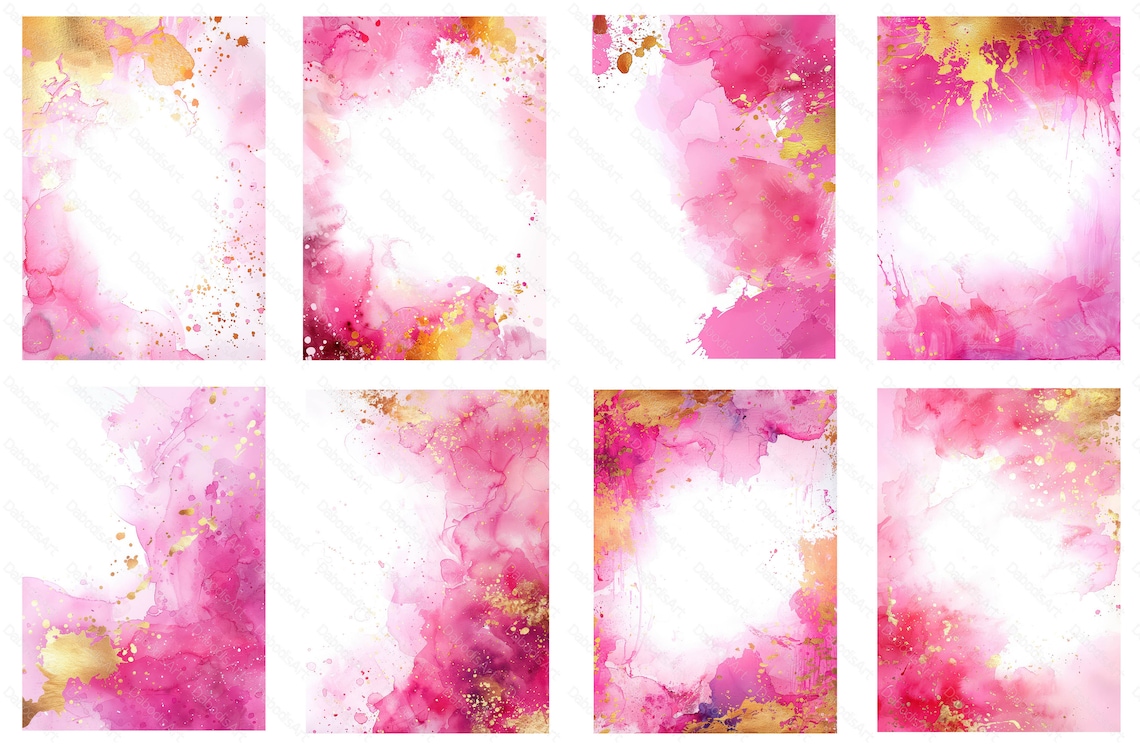 20 Pink Gold Watercolor Frames. Paint Splatter Background. Watercolor ...
