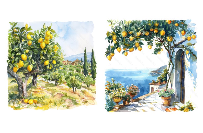 20 Watercolor Tuscany Lemon Tree. Summer Sea Italy Nature Landscape ...