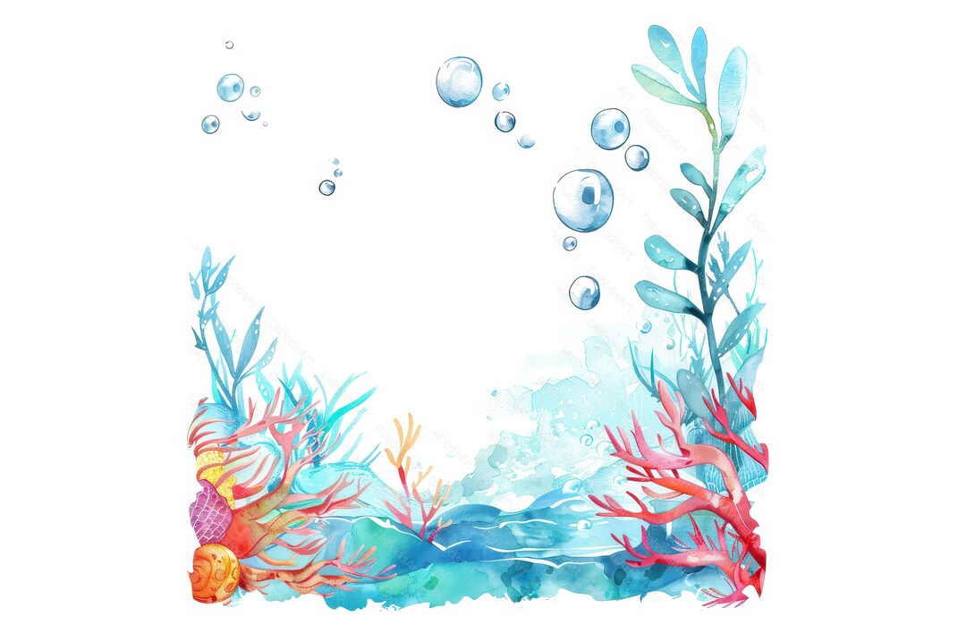 20 Watercolor Coral Background. Set 3. Underwater Frame. Seabed With ...
