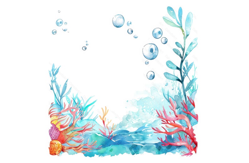 20 Watercolor Coral Background. Set 3. Underwater Frame. Seabed With ...