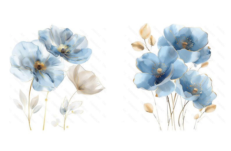 20 Abstract Blue Watercolor Flowers With Gold Glitter. Blue Gold Flower ...