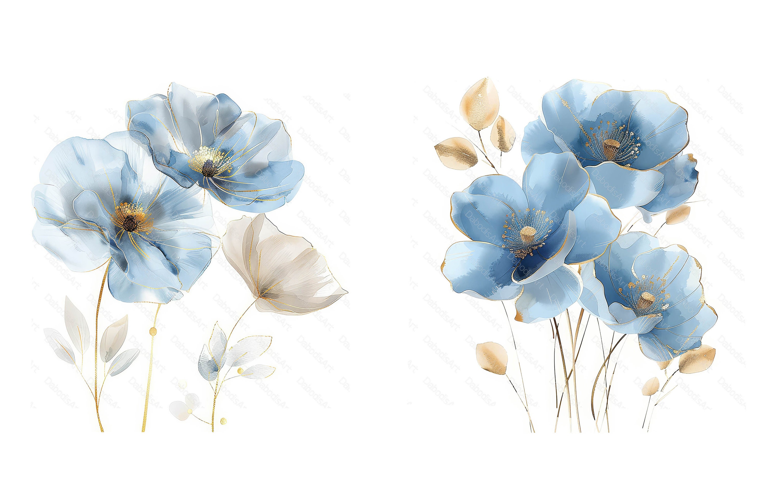 20 Abstract Blue Watercolor Flowers With Gold Glitter. Blue Gold Flower ...