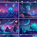 20 Cute Monsters in a Starry Sky With Moon and Planets. Colorful Night ...