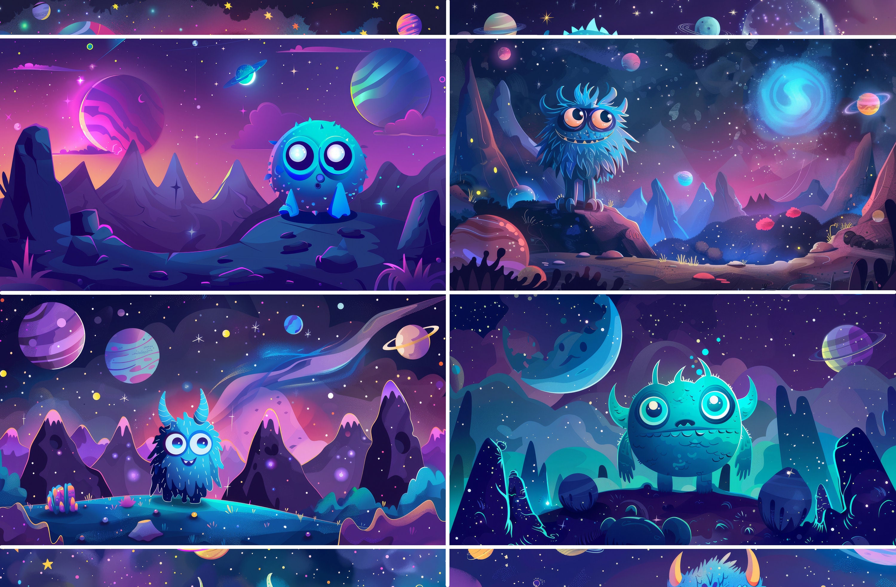 20 Cute Monsters in a Starry Sky With Moon and Planets. Colorful Night ...