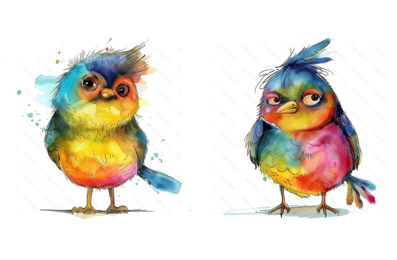 20 Whimsical Watercolor Birds. Funny Colorful Quirky Cute Birds ...