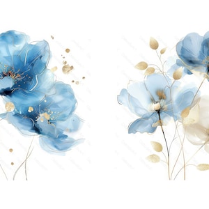 20 Abstract Blue Watercolor Flowers With Gold Glitter. Blue Gold Flower ...