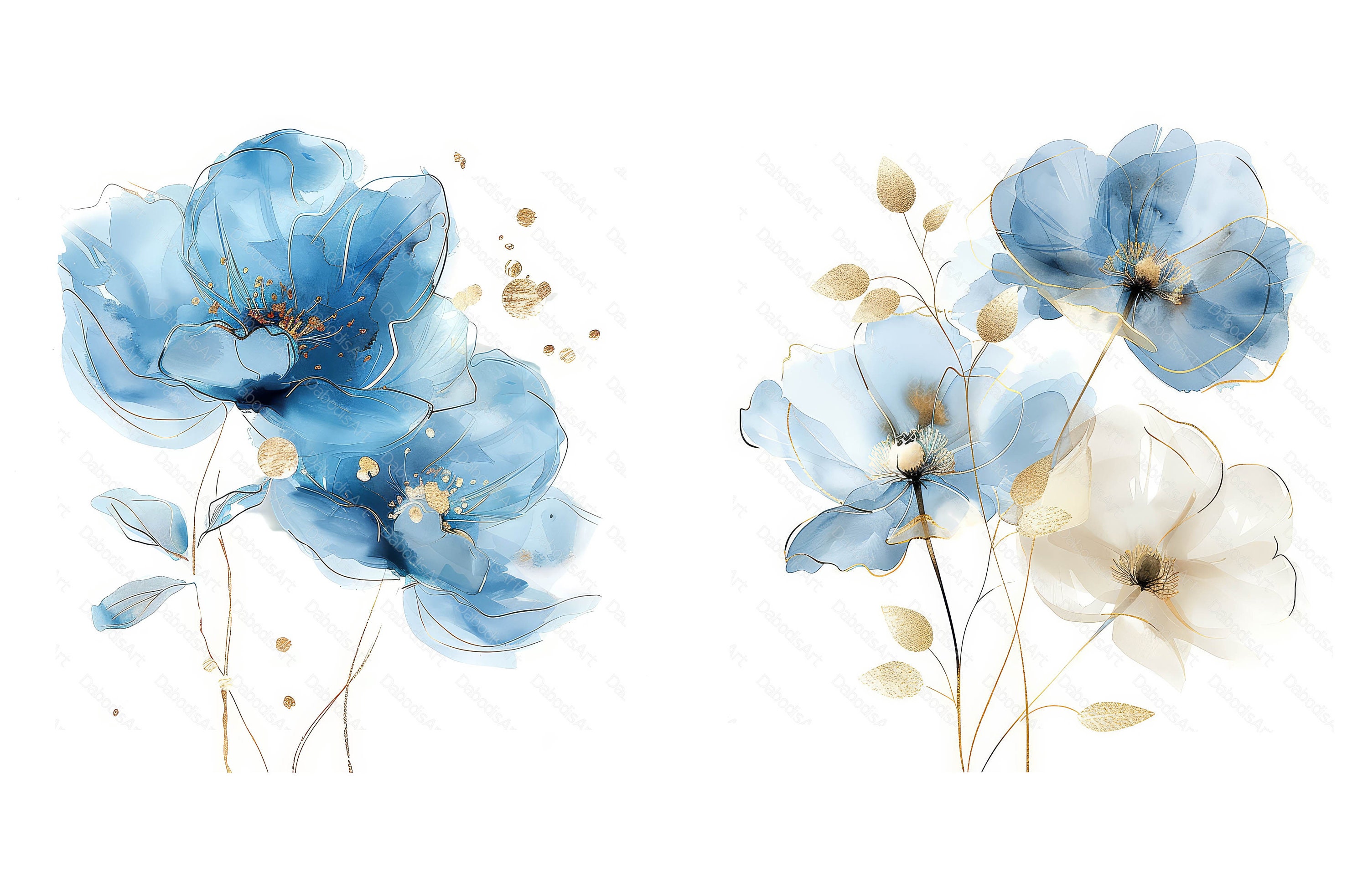 20 Abstract Blue Watercolor Flowers With Gold Glitter. Blue Gold Flower ...