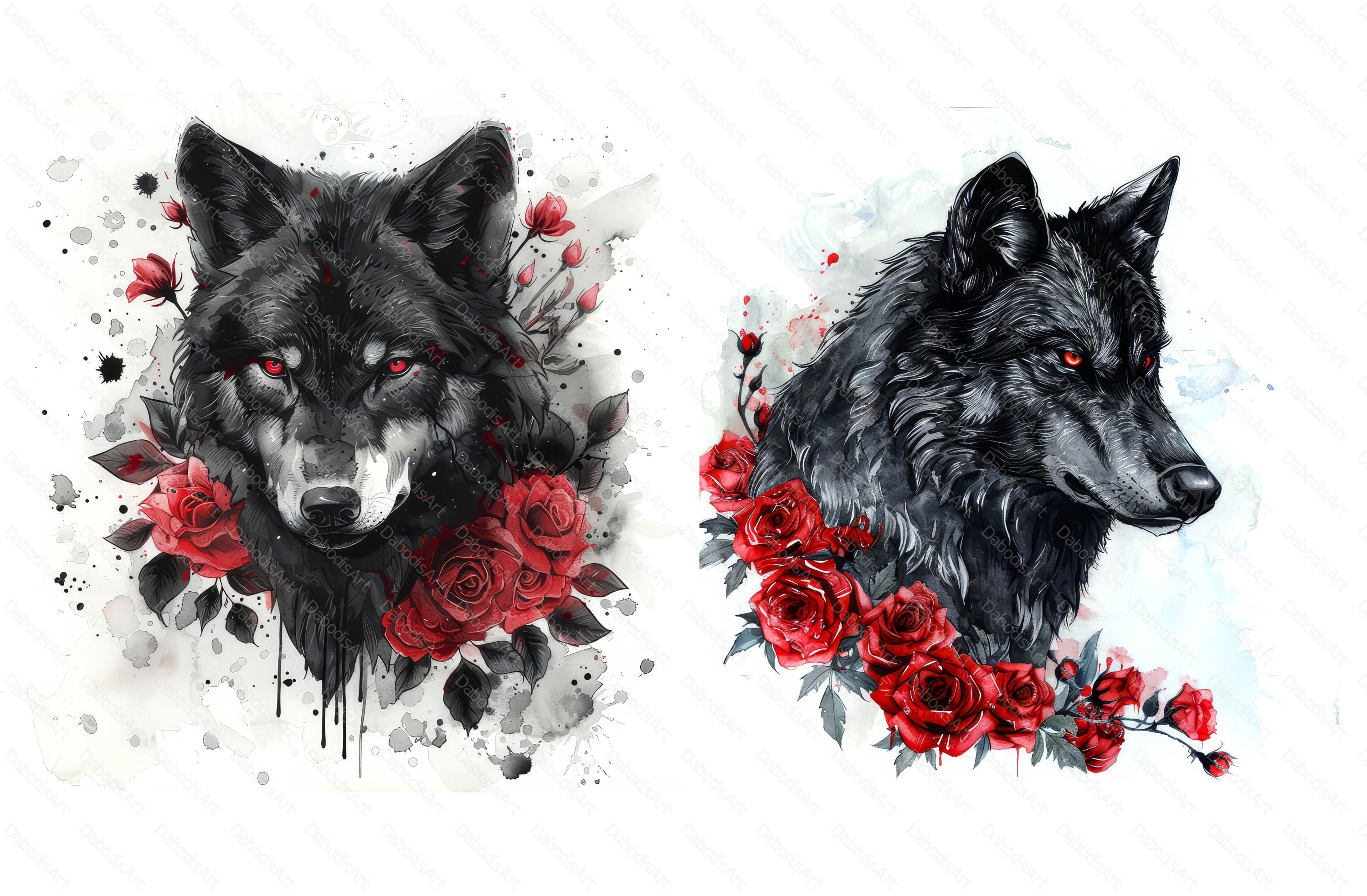 20 Watercolor Black Wolf Head With Red Roses. Gothic Wolf Design ...