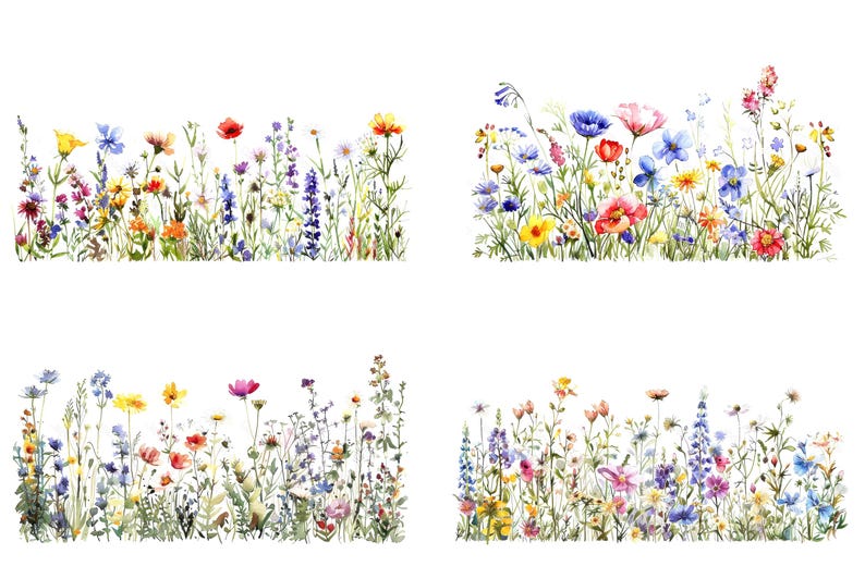 20 Wildflower Borders. Set 3. Watercolor Meadow Flowers. Colorful ...