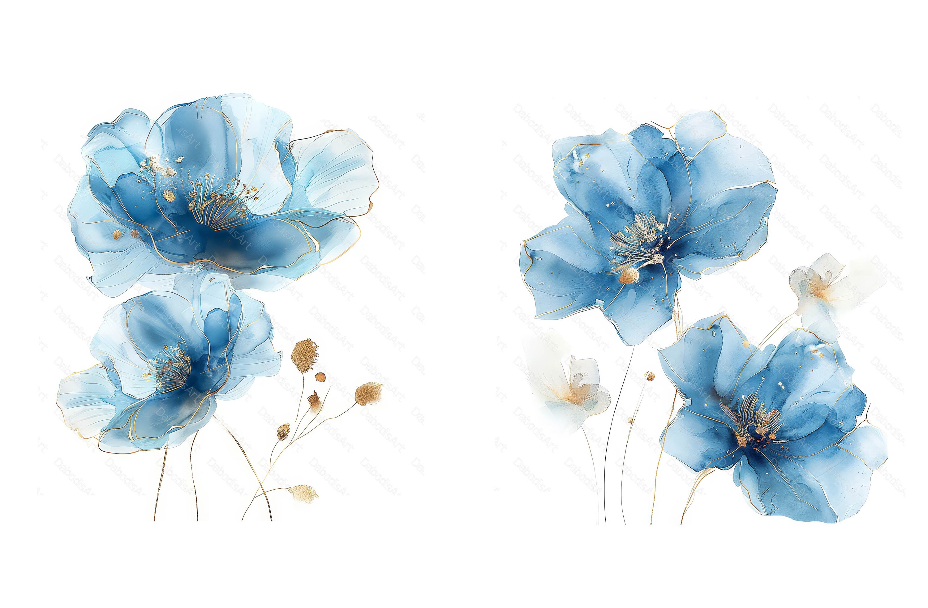 20 Abstract Blue Watercolor Flowers With Gold Glitter. Blue Gold Flower ...
