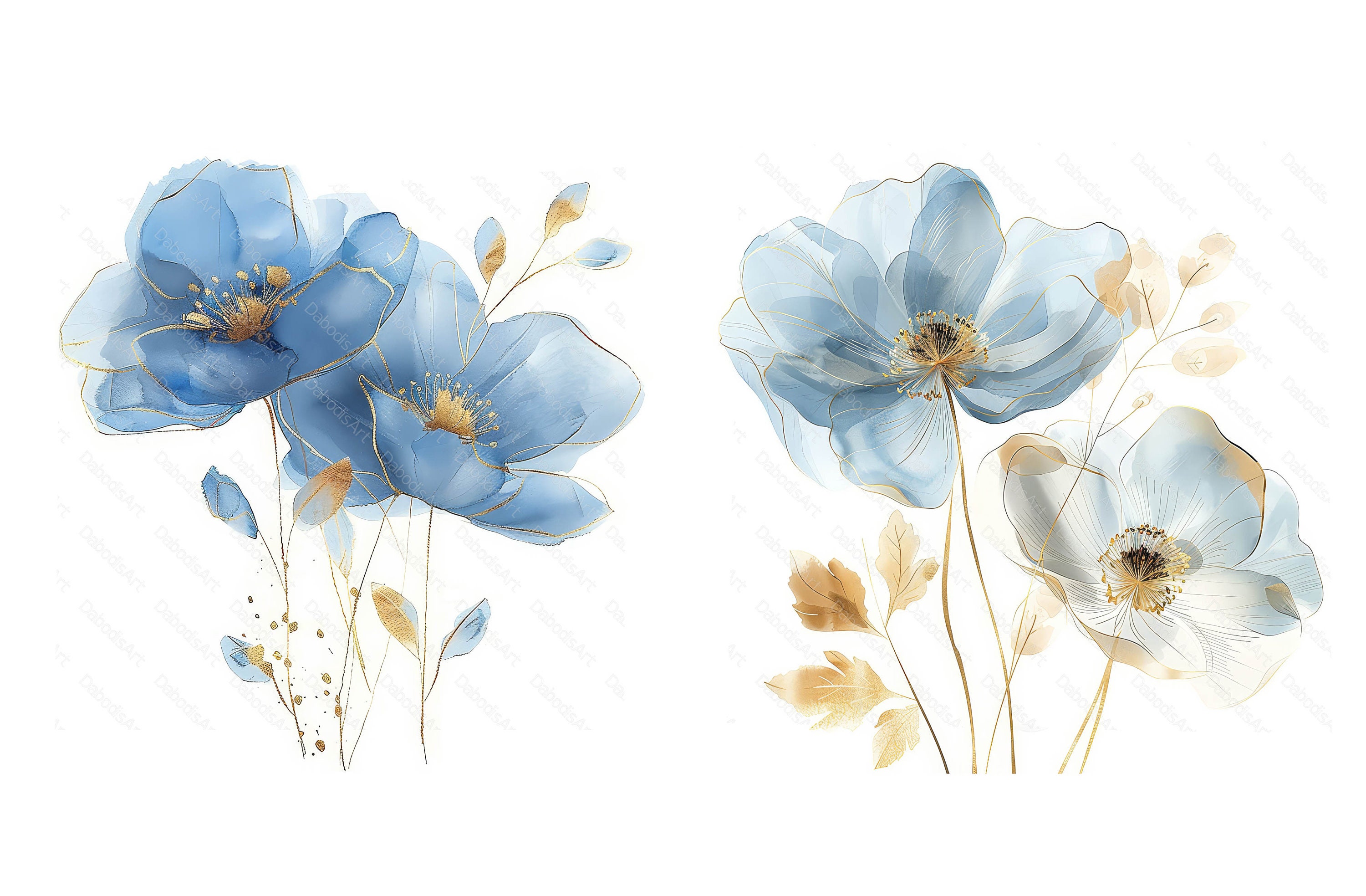 20 Abstract Blue Watercolor Flowers With Gold Glitter. Blue Gold Flower ...