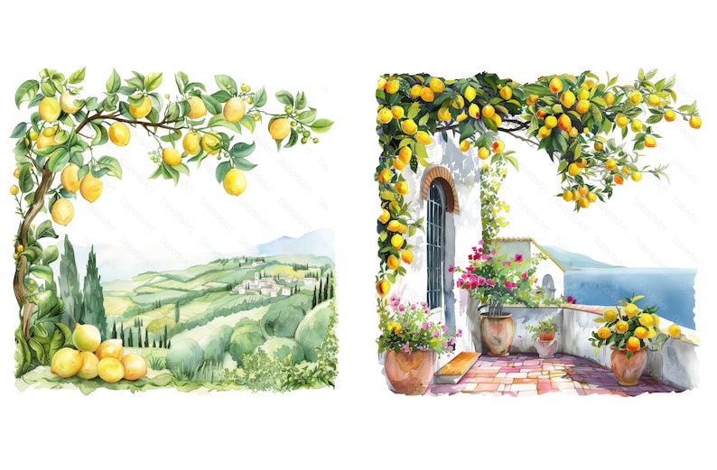 20 Watercolor Tuscany Lemon Tree. Summer Sea Italy Nature Landscape ...