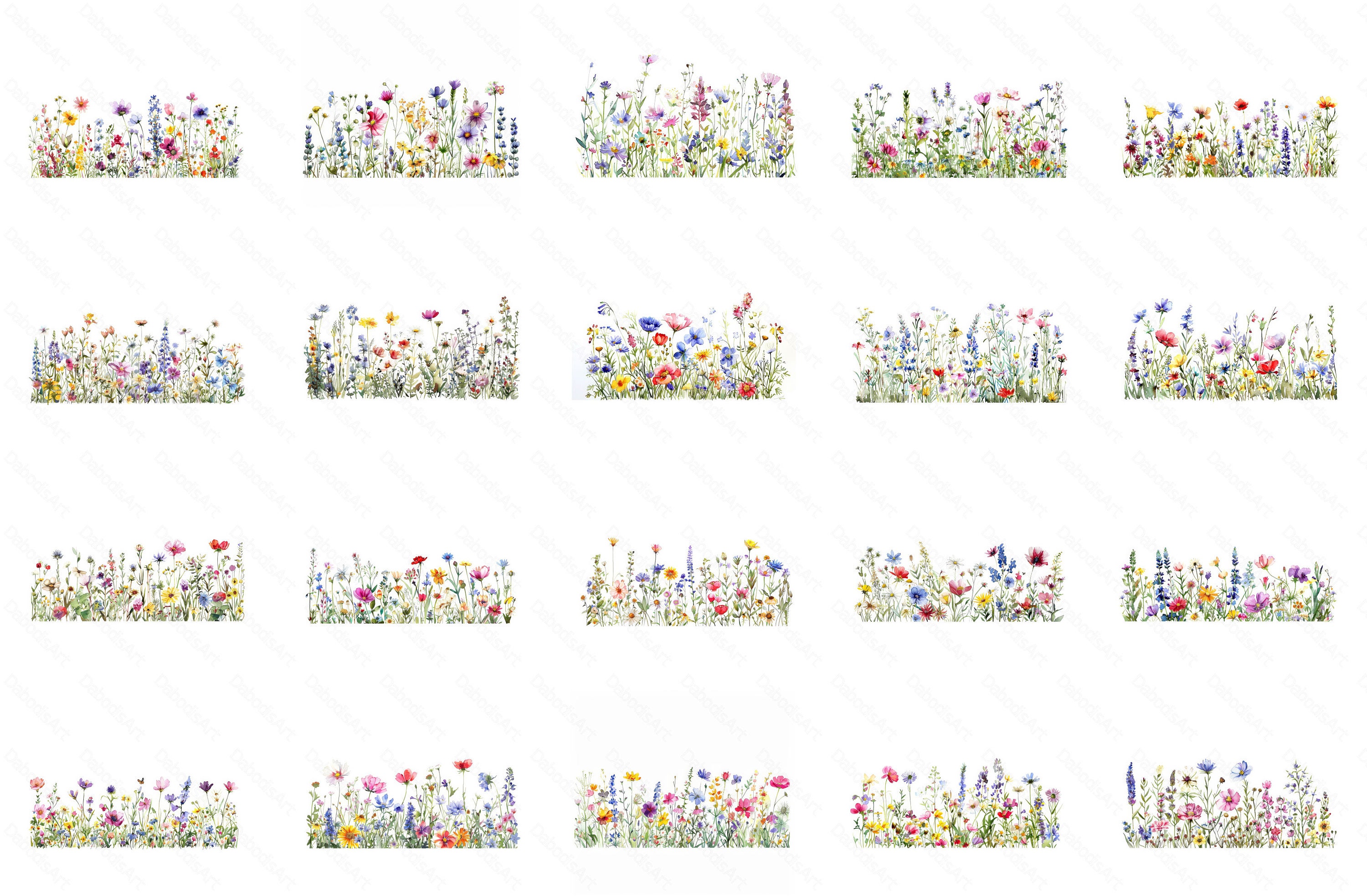 20 Wildflowers Border. Set 3. Watercolor Meadow Flowers. Colorful ...