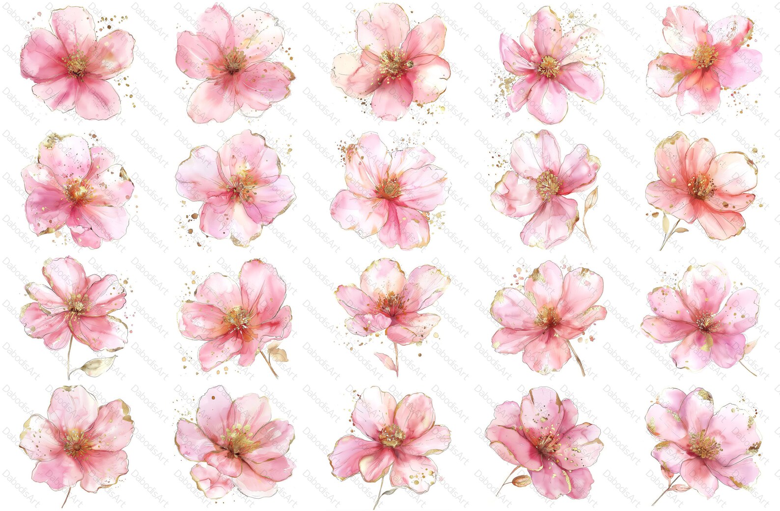 20 Abstract Pink Watercolor Flowers With Gold Glitter. Pink Gold Flower ...